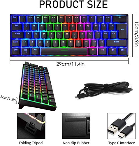 ZIYOU LANG MK21 Portable 60% Mechanical Gaming Keyboard Untra-Compact Type-c Wired with Light Up Chroma LED Backlit Non-Conflict 61 Key TKL Ergonomic for PS4 PS5 PC Mac Windows(Black/Blue Switch)