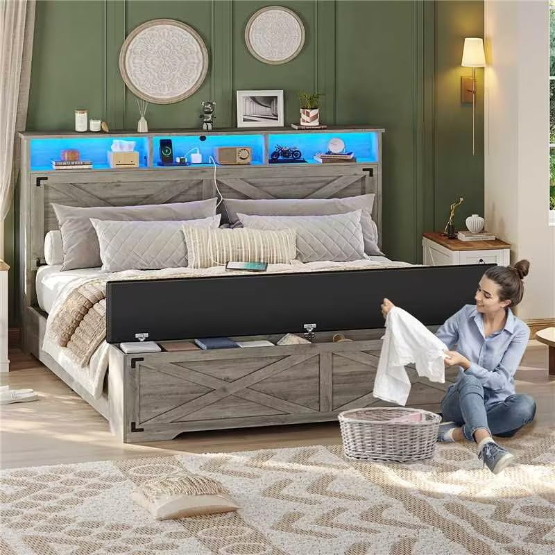 Hasuit Queen Size Bed Frame with Storage Ottoman, Farmhouse Bed Frame with Charging Station and Led Light, Headboard with Storage Rack, Metal Slats, No Noise Design, No Box Spring Needed,Oak Grey