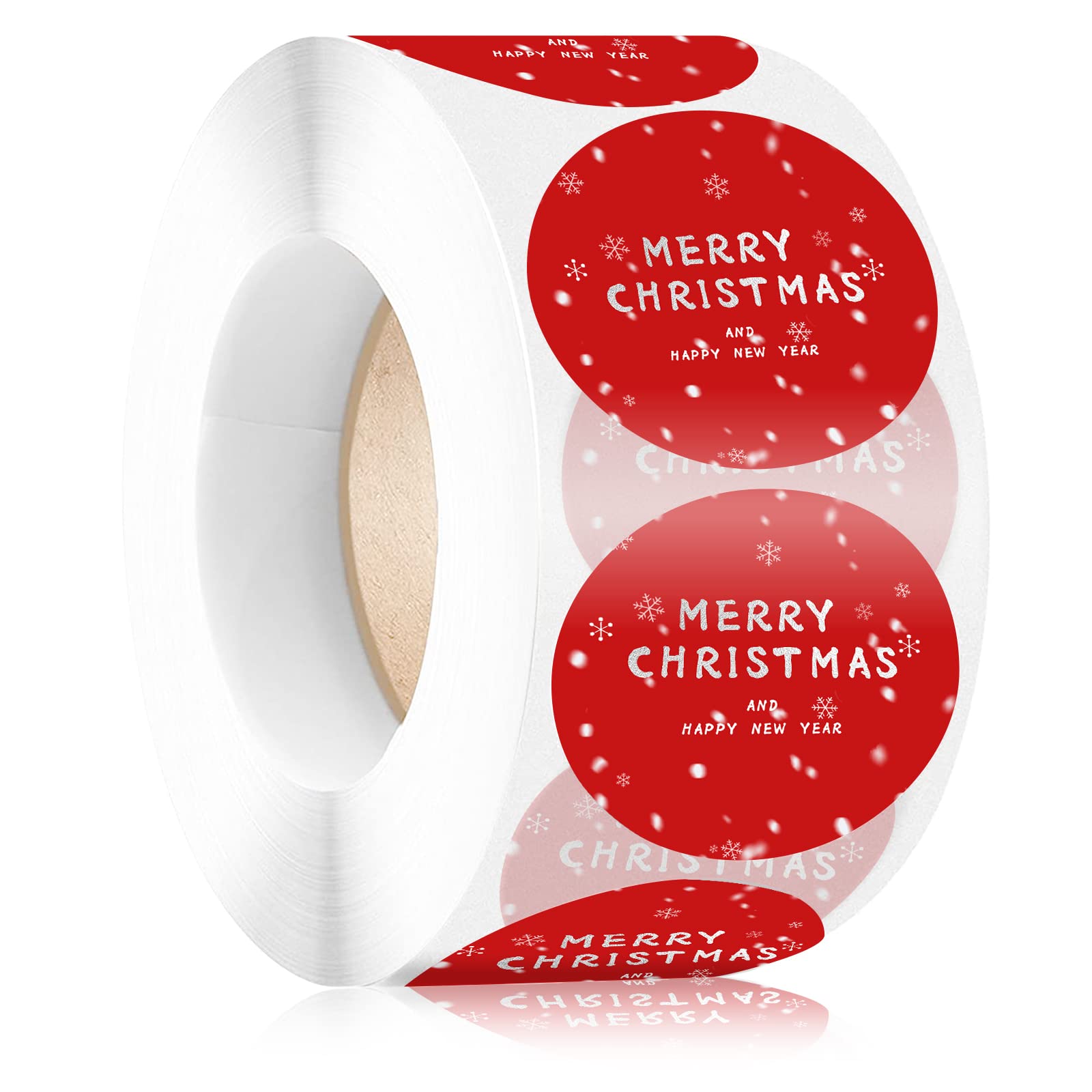 Merry Christmas and Happy New Year Round Stickers Roll 500pcs 1.5" Silver Foil Adhesive Snowflakes Xmas Envelope Seal Labels Party Favor Cards Gift Boxes Tags Holiday Presents Decorations