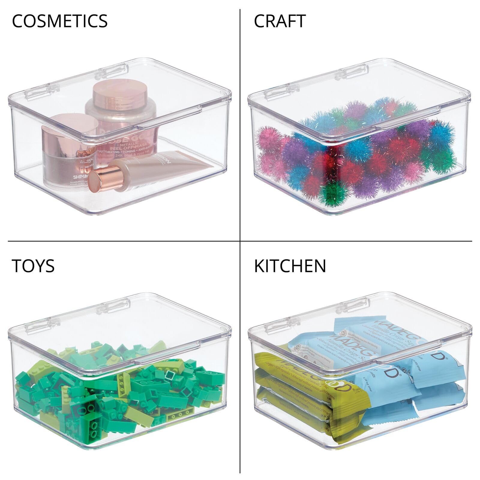 mDesign Plastic Playroom/Gaming Storage Organizer Box Containers, Hinged Lid for Shelves or Cubby, Holds Small Toys, Building Blocks, Puzzles, Markers, Lumiere Collection, Clear