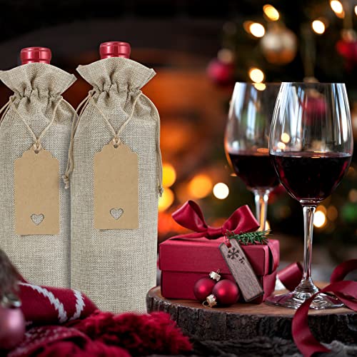 Qibote Burlap Wine Bags with Drawstrings, Wine Bags Gift - Single Reusable Bottle Bags Perfect for Travel, Wedding, Birthday, Housewarming and Dinner Party (12 Pcs - Brown)