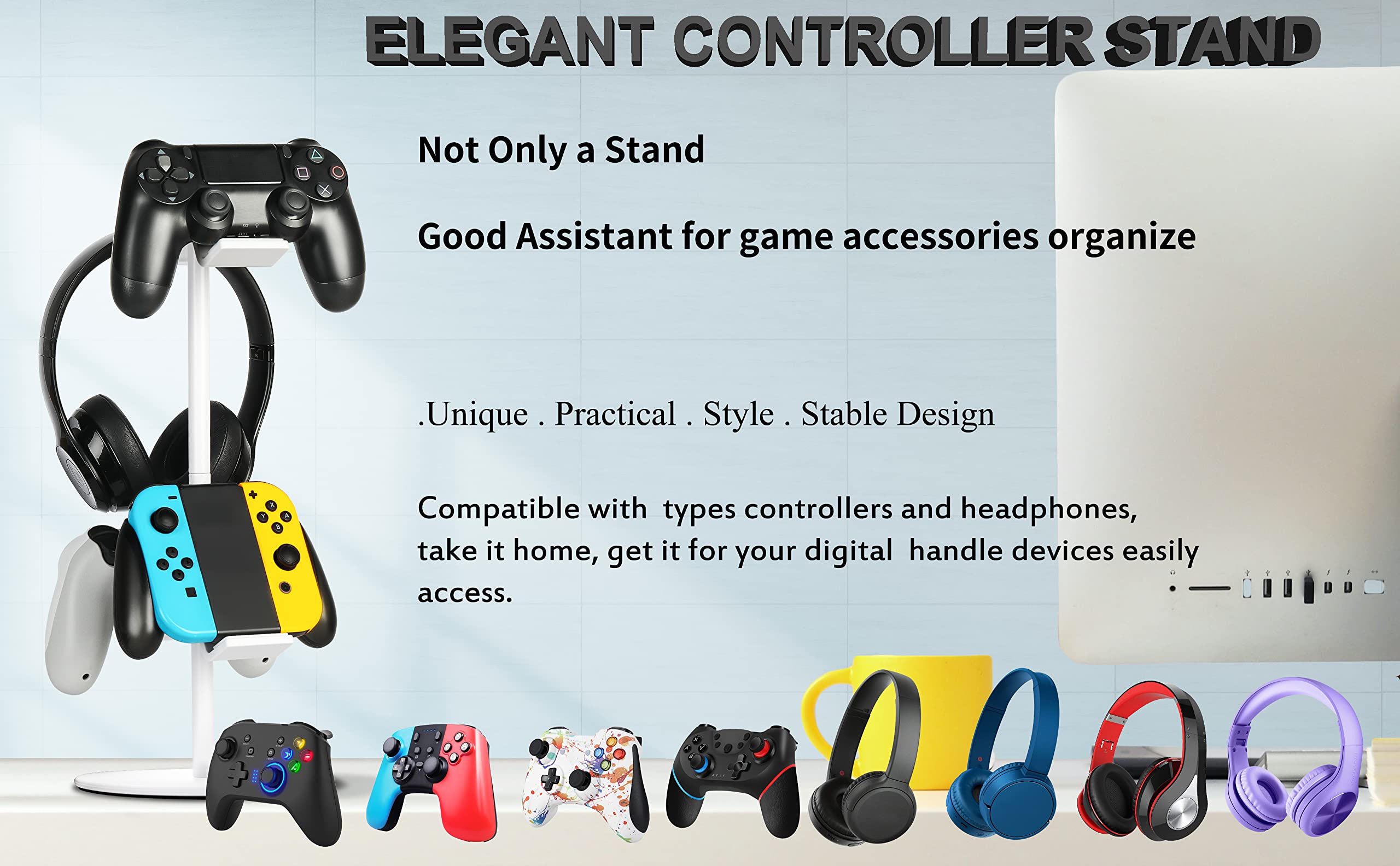 Controller Holder, Game Controller Stand Holder Storage Organizer Gamepad with Multiple Adjustable Height Direction Brackets Fit for Xbox ONE 360 Switch PS4 STEAM PC Nintendo Headset Stander White