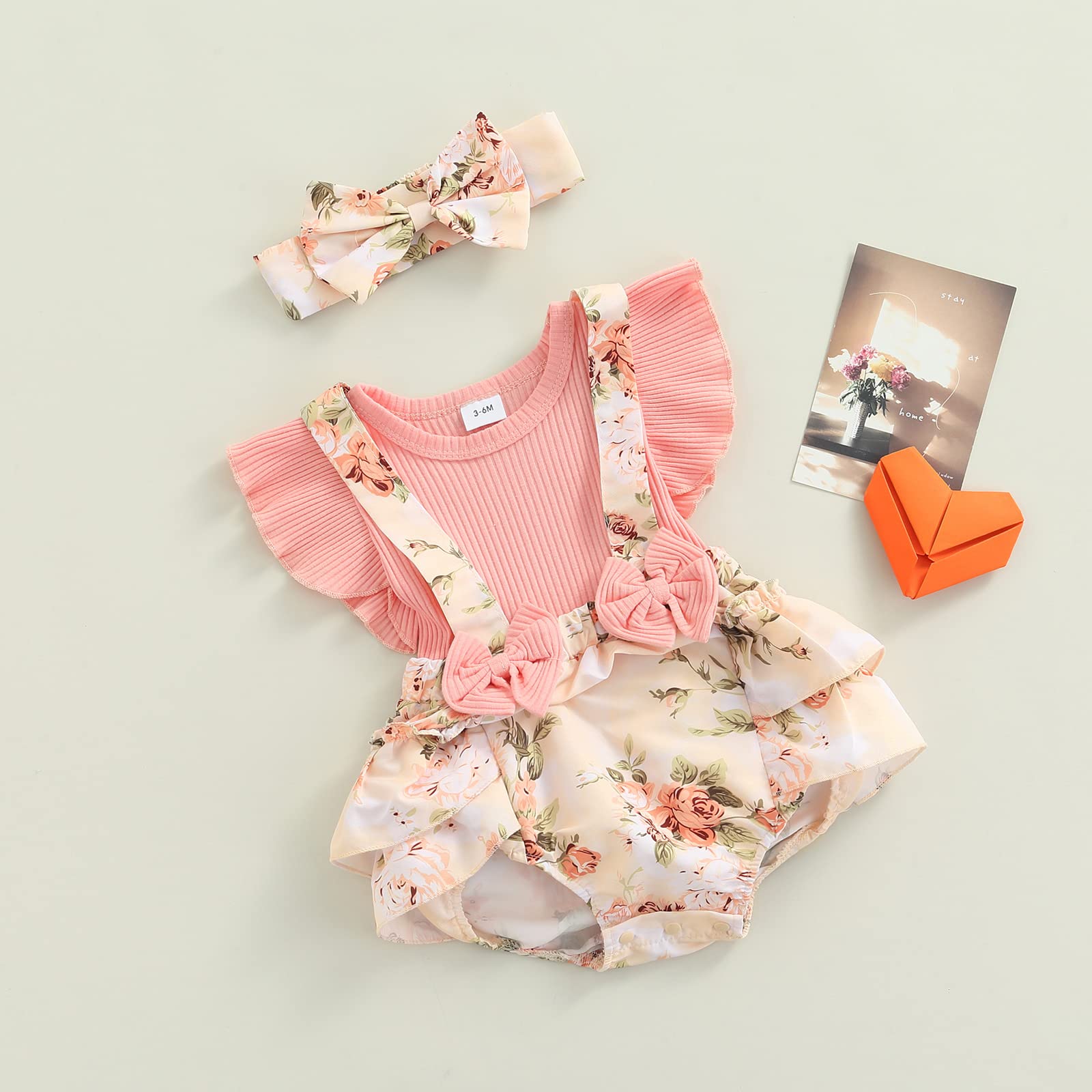 MERSARIPHY Newborn Baby Girl Summer Clothes Cotton Linen Romper Floral Bodysuit Tops With Headband (Pink, 0-3 Months)