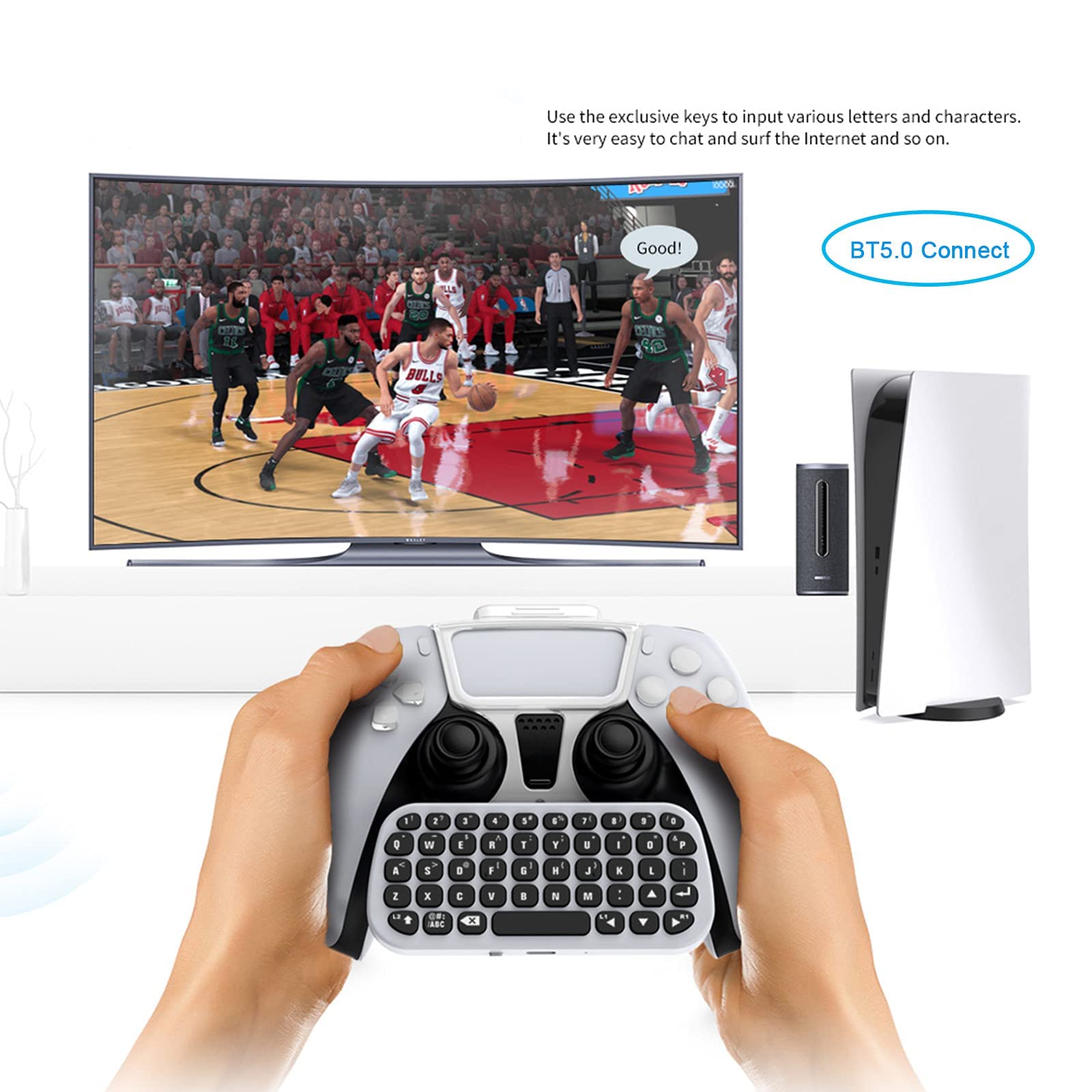Controller Keyboard for PS5, Joso Wireless Chatpad, Bluetooth 5.0 Connect, Mini Keyboard/Gaming Keyboard for PS5 Accessories, No Input Delay, Play 30 Hours - White