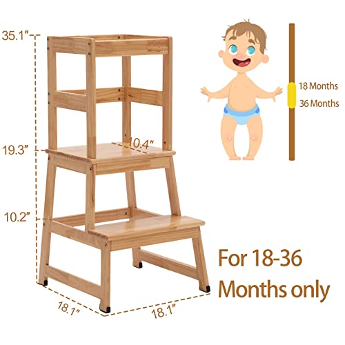 Kitchen Step Stool for Kids with Safety Rail,Solid Wood Construction Toddler Learning Stool Tower, Montessori Toddlers Kitchen Stool (Natural)