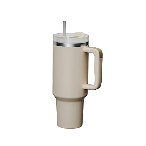KISSKIND Tumbler With Handle 40 oz Travel Mug Straw Covers Cup with Lid Insulated Quencher Stainless Steel Water Iced Tea Coffee Gift Cream