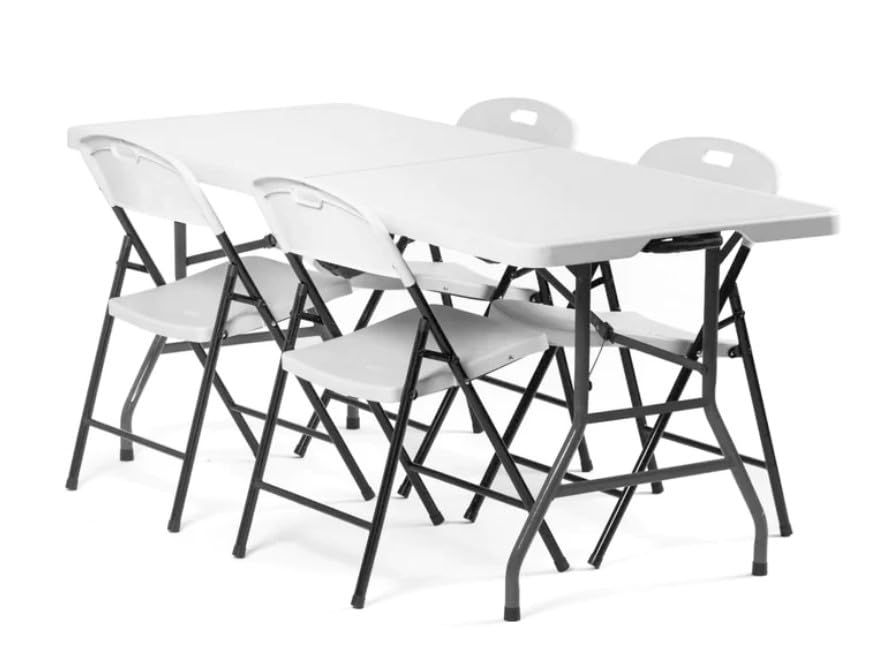 Creative Outdoor Folding Table and Chairs, 6 Ft, Built-in Wheels, Portable Durable Plastic, Indoor/Outdoor Events, Perfect for Camping/Picnic/Tailgating/Party (White Table and 4 Chair Set)