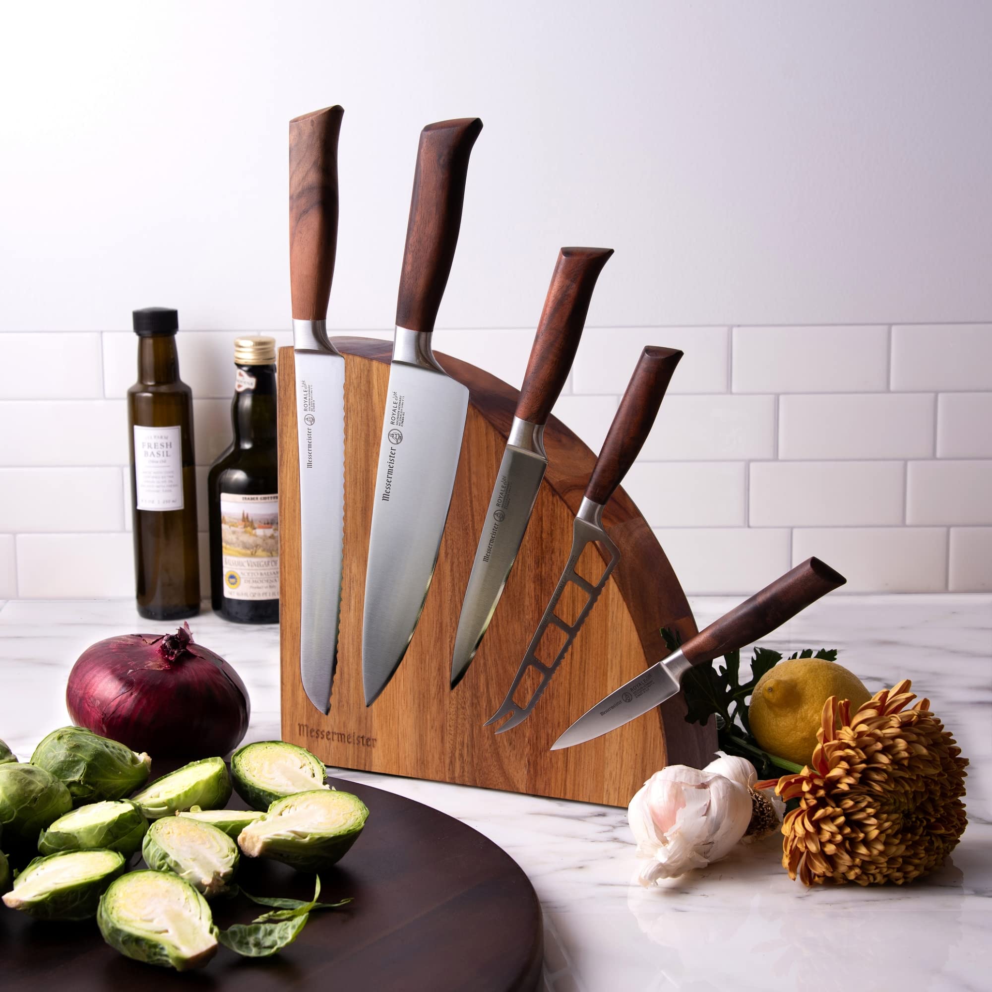 Messermeister Royale Elite 6-Piece Magnet Block Set - Includes 8" Stealth Chef's Knife, 9" Scalloped Bread Knife, 6" Utility Knife, 5β Cheese & Tomato Knife, 3.5" Paring Knife & Knife Block