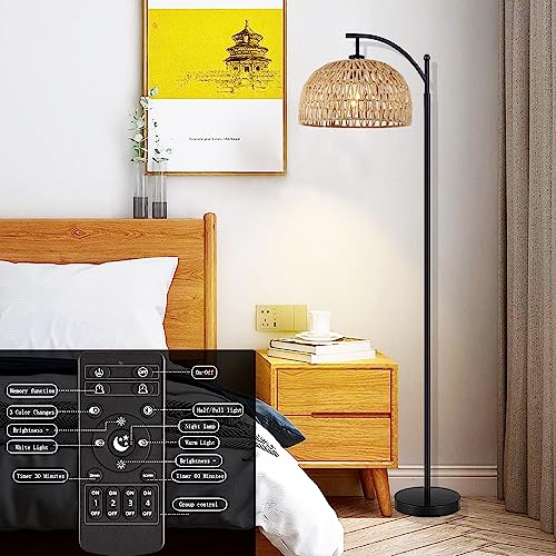 QIYIZM Floor Lamp for Living Room Bedroom Farmhouse Rattan Standing Lamp with Control,Wicker Black Industrial Dimmable Floor Light Rustic Adjustable Tall Lamp,Boho Bamboo Lamp Shade Floor Lamps
