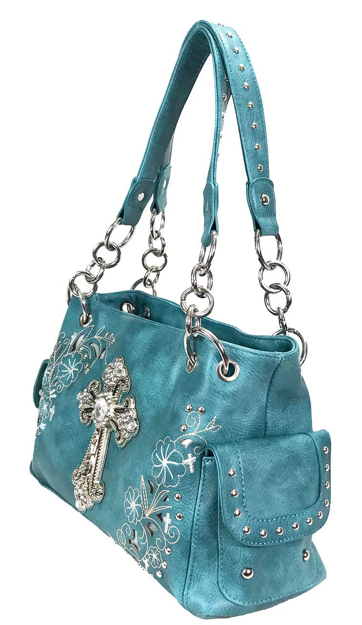 Zzfab Rhinestone Cross Embroidered Floral Western Handbag Turquoise