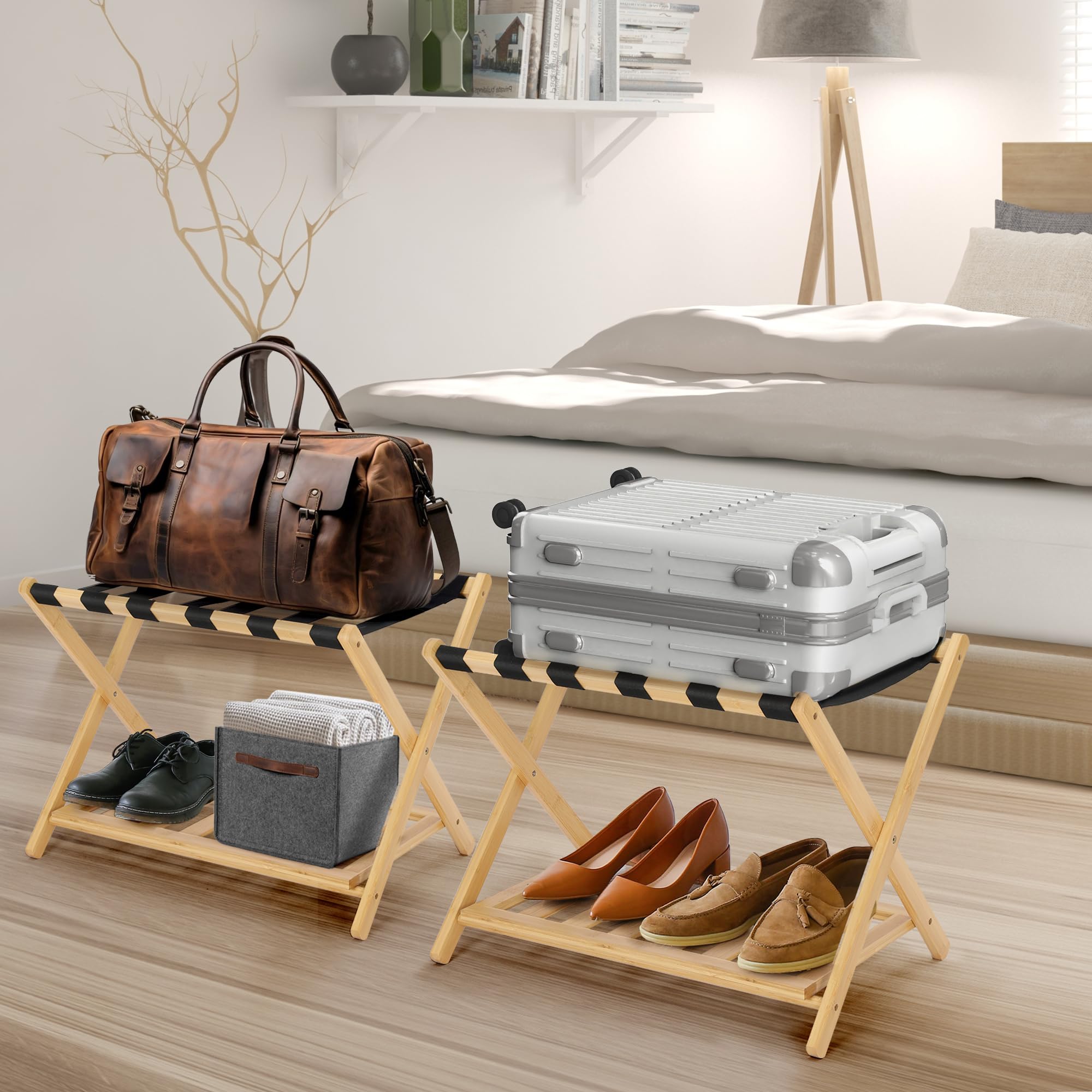 Lynxor 2-Pack Folding Luggage Racks, Foldable Bamboo Suitcase Stand with Storage Shelf, Luggage Holder with 6 Nylon Straps for Hotel Guest Room Bedroom, Nature 2Pcs
