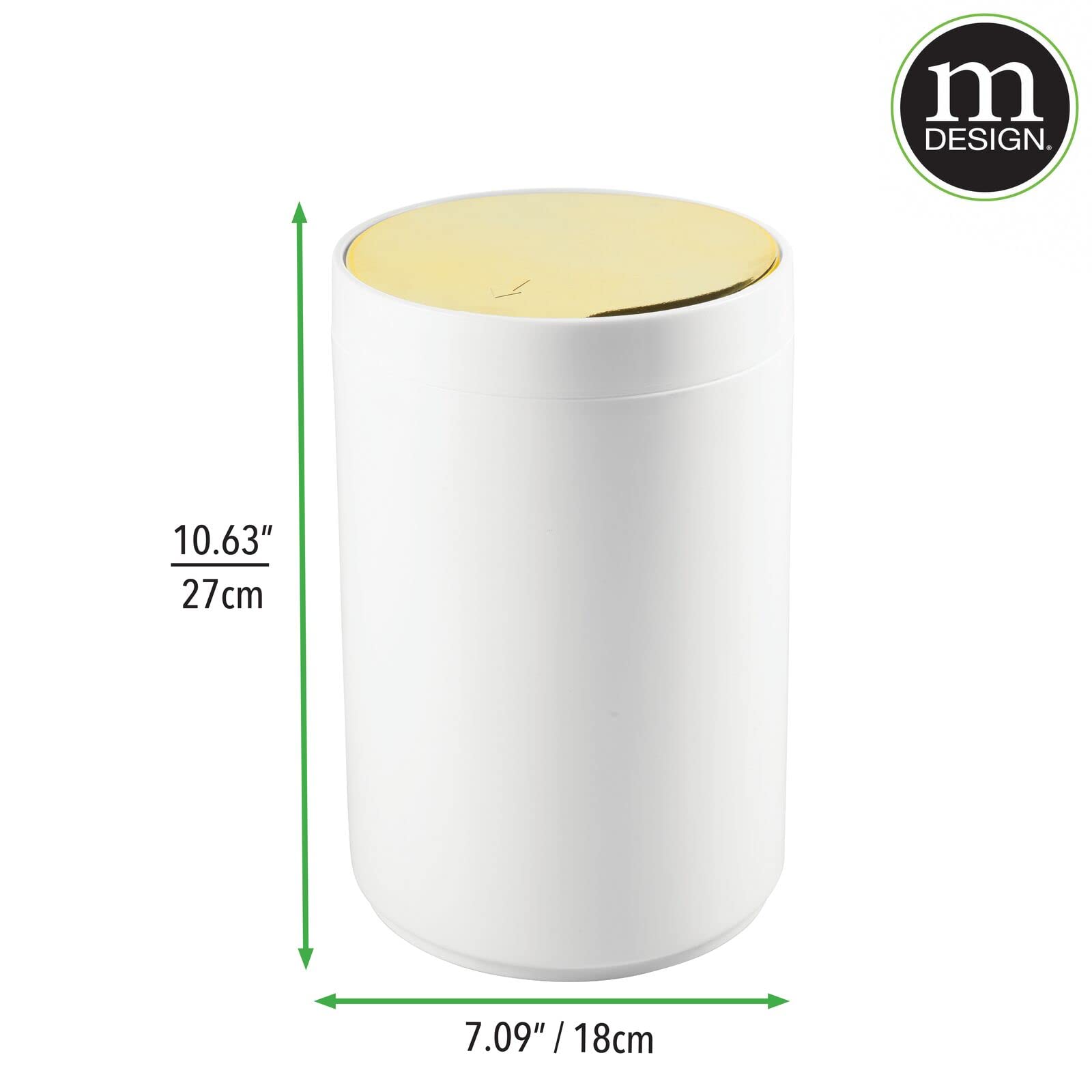mDesign Small Round Plastic Trash Can Wastebasket, Garbage Container Bin with Swing Top Lid - for Bathrooms, Kitchens, Home Offices - 1.3 Gallon/5 Liter - White/Gold