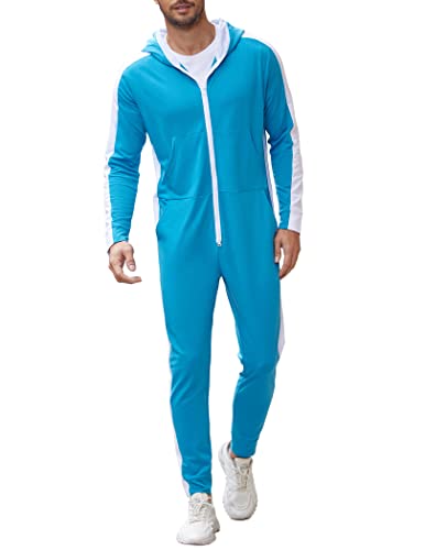 COOFANDY Men's One Piece Tracksuit Hooded Jogging Jumpsuit Long Playsuit with Pockets Blue XL