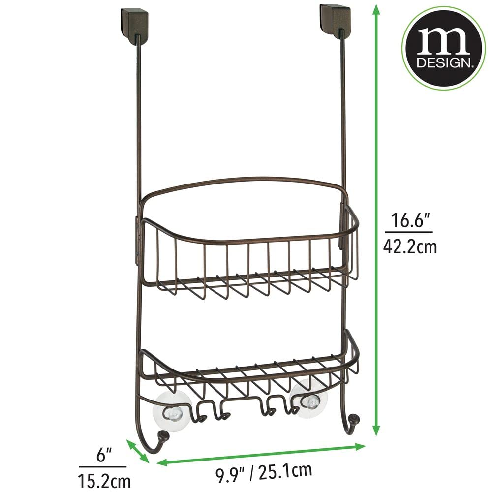 mDesign Steel Over Door Hanging Shower Caddy Storage Organizer with 2 Baskets, 6 Hooks - Shower Shelf Rack for Bathroom - Holds Shampoo, Conditioner, Soap, Towel, Sponge - Draper Collection - Bronze