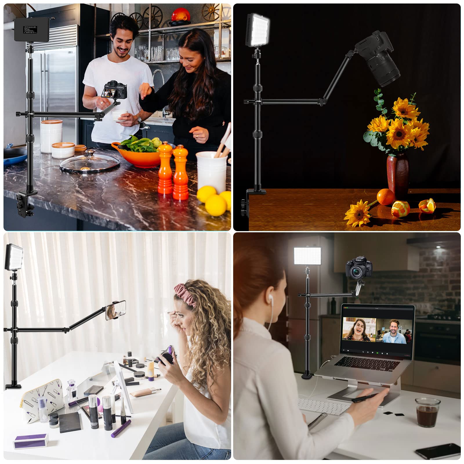 Obeamiu Desk Mount Stand with 27'' Auxiliary Holding Arm, Detachable 2-Section Magic Arm Overhead Light Stand, 16.7-40.1 in Tabletop Stand for DSLR Camera/Fill Light/Live Streaming/Webcam