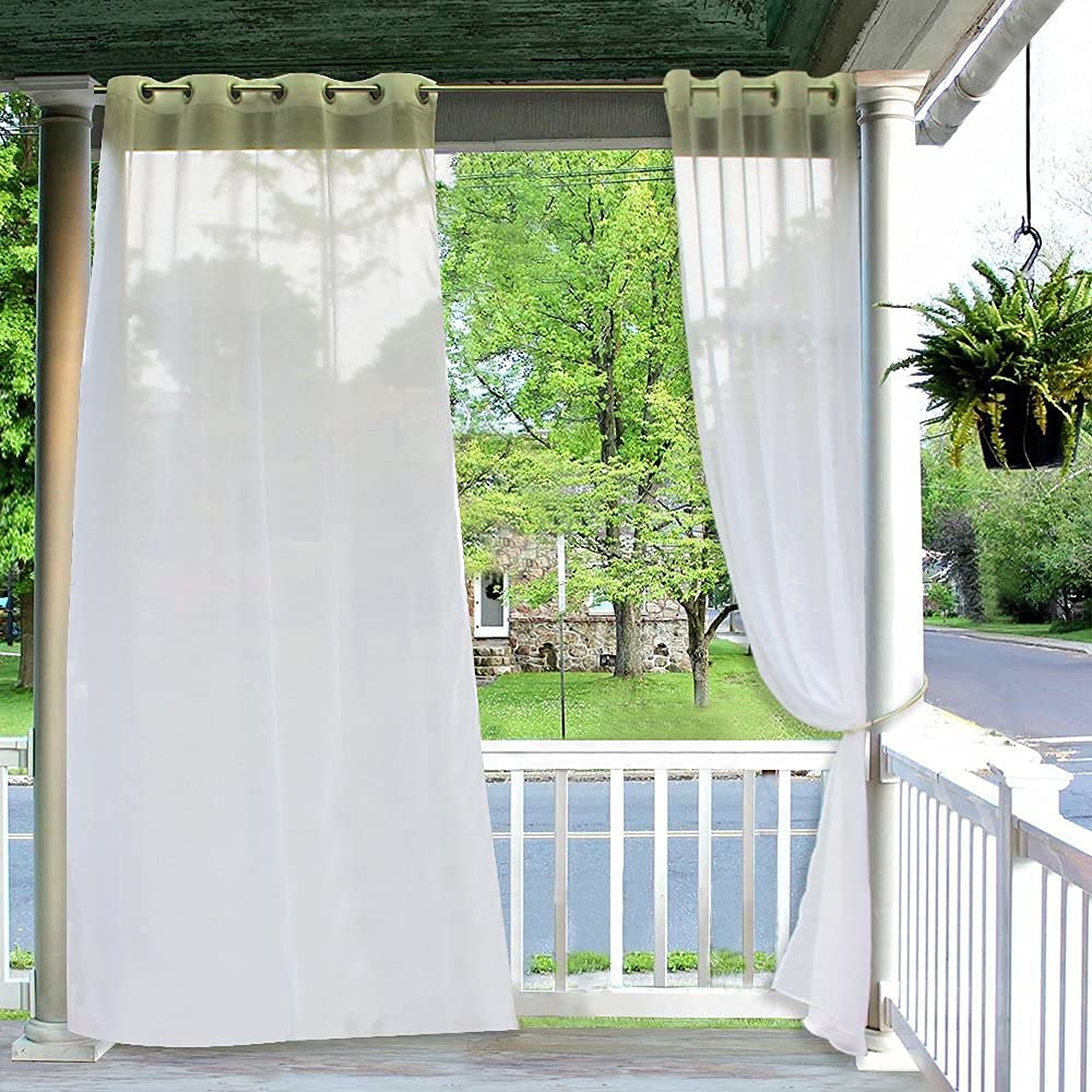 RYB HOME Outdoor Sheer Curtains - Linen-Like White Sheer Panel Grommet Top Dry Fast Prevent Directly Light Exposure for Garden/Porch, with Free Rope Tieback, W 54 x L 96 inch, 1 Pc