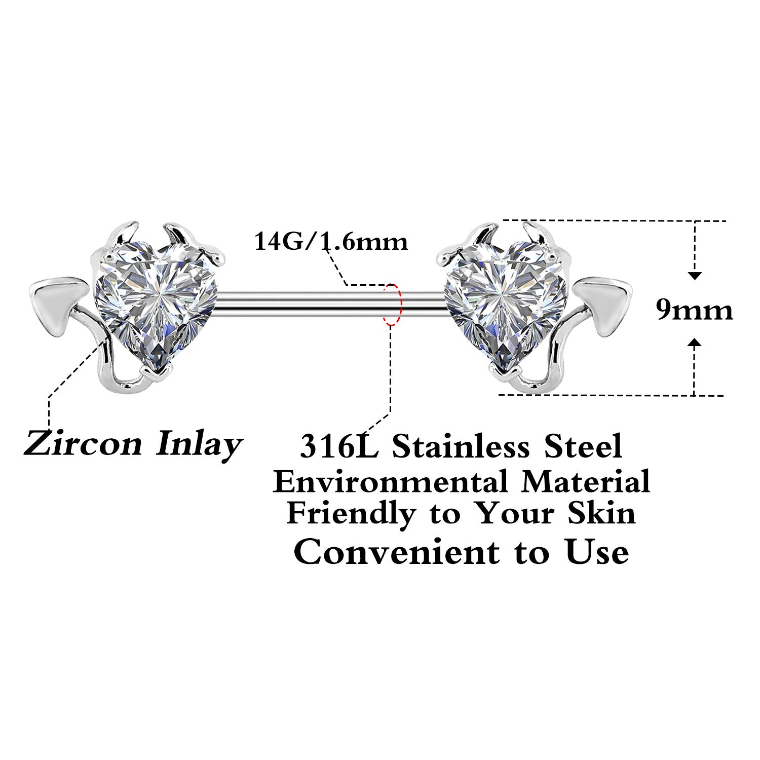 CHARM ONLINE 2PCS Devil Heart Nipple Rings Barbell 14G 316L Surgical Steel Nipple Piercing for Women