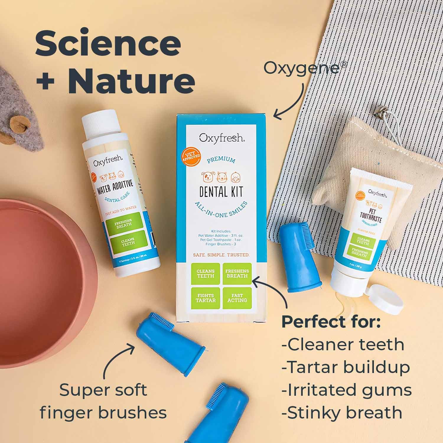 Oxyfresh Premium Pet Dental Kit for Dogs & Cats β Easy Solution for Pet Fresh Breath, Clean Teeth, Control Plaque & Tartar β Vet Formulated Pet Toothpaste 1oz + Water Additive 3oz + 3 LG Brushes Kit