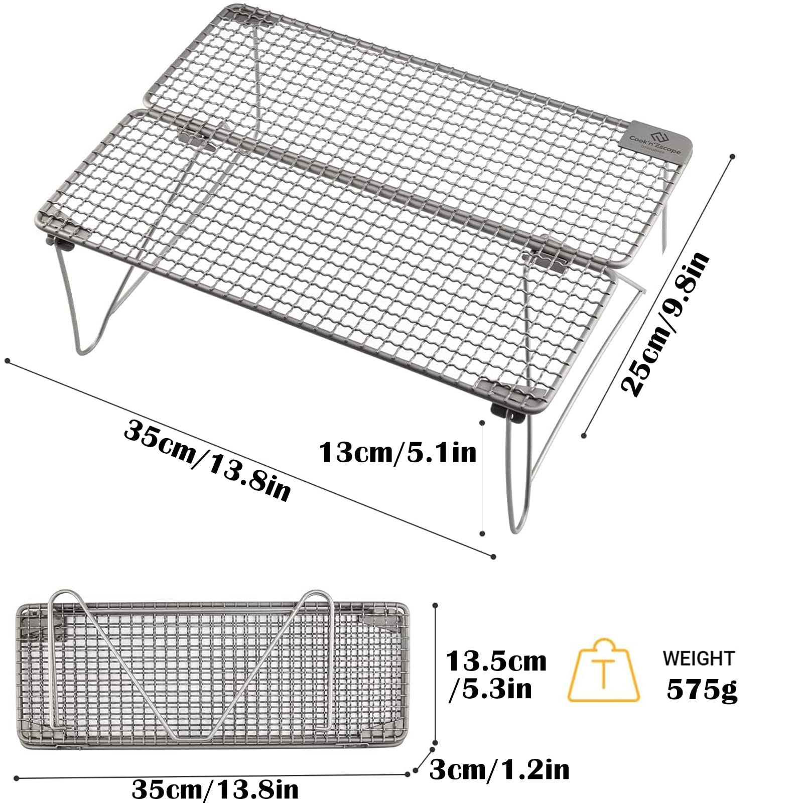COOK'N'ESCAPE Small Titanium Camping Grill, Folding Portable BBQ Beach, Lightweight Titanium Grill for Backpacking, Beach, Camping, Cooking BBQ, Picnic, Hiking