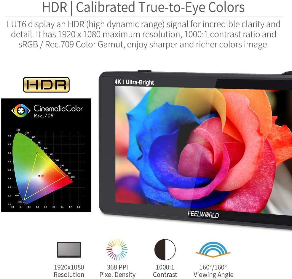 FEELWORLD LUT6 6 Inch 2600nits HDR 3D LUT Touch Screen DSLR Camera Field Monitor with Waveform VectorScope Histogram 4K HDMI Input Output 1920X1080 IPS Panel