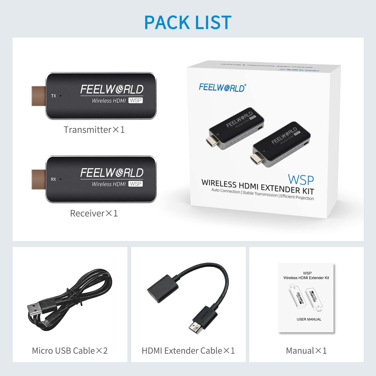 FEELWORLD WSP Wireless HDMI Transmitter and Receiver Extender Kit with 164FT Range HD 1080P 5GHz for Streaming Video Audio from Laptop PC PS4 PS5 to Monitor Projector HDTV