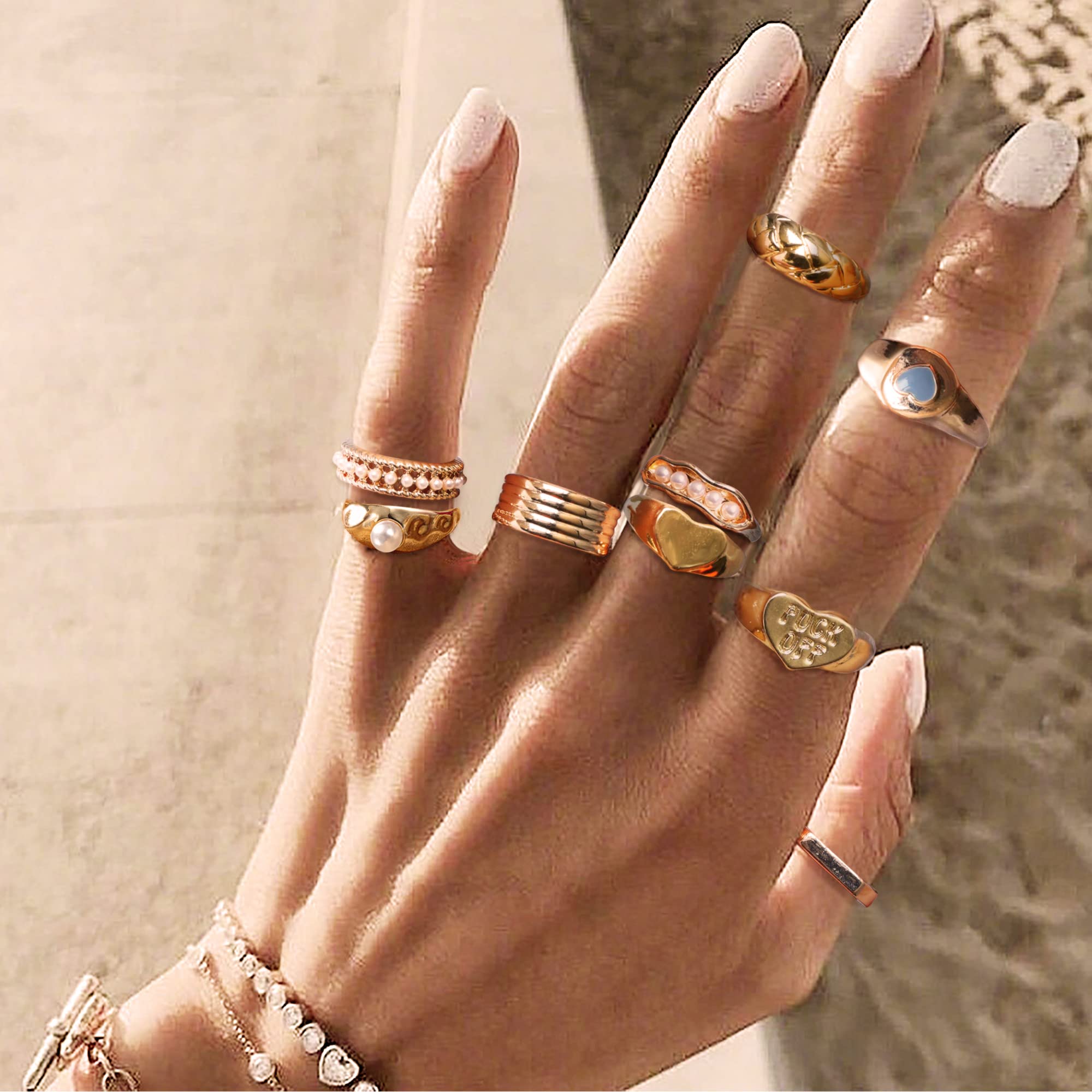 DOLOTTA 9Pcs Gold Chunky Rings for Women Men Croissant Ring Y2K Trendy Pearl Inlaid Ring Dome Open Signet Rings Stackable Finger Aesthetic Rings