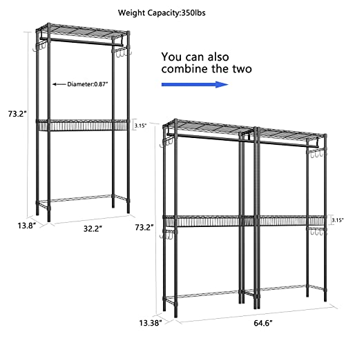 Xiofio Over The Washer and Dryer Storage Shelf 2 Tier Adjustable Height Wire Basket and Side Hook Laundry Shelves Used for Bathroom Bedroom Balcony Drying Rack Towel Rack Handbag Rack ,Black