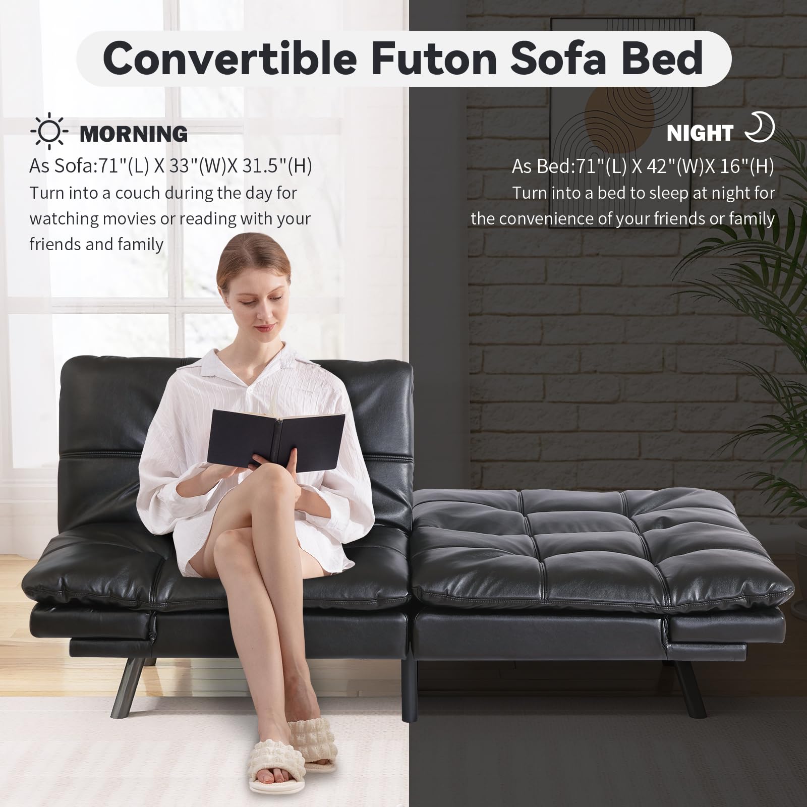 Hcore Convertible Faux Leather Futon Sofa Bed Couch,Memory Foam Futon Sofa Couch,Loveseat Sleeper Sofa Bed,Small Splitback Modern Sofa Bed for Living Room,Office,Apartment,Bright Black