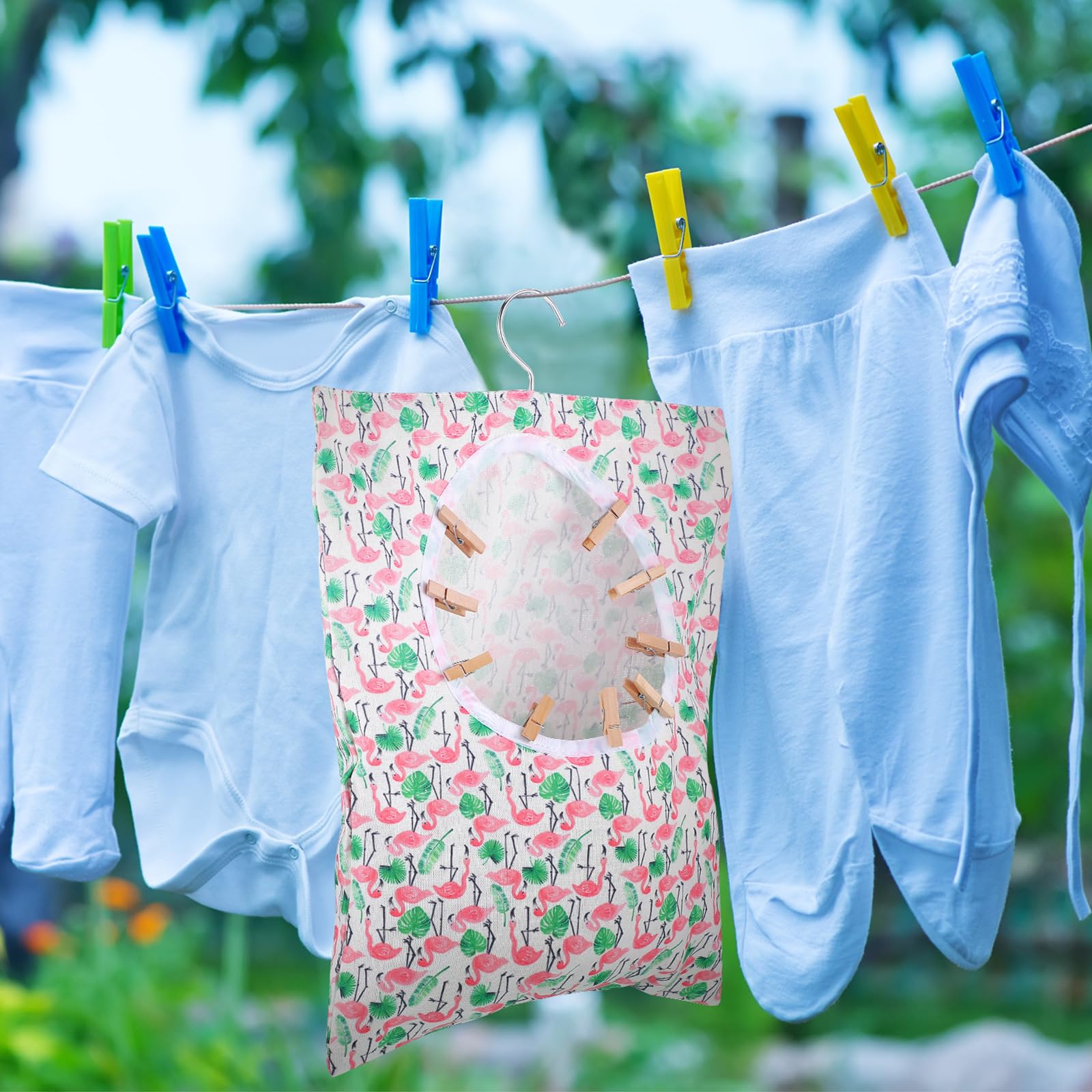 Hsei 3 Pcs Fall Clothespin Bag with Hanging Hook Laundry Clothes Pin Holder 15 x 11 in Waterproof Clothes Pin Hanging Bag Clothespin Storage Organizer with Large Opening for Clothesline (Flamingo)