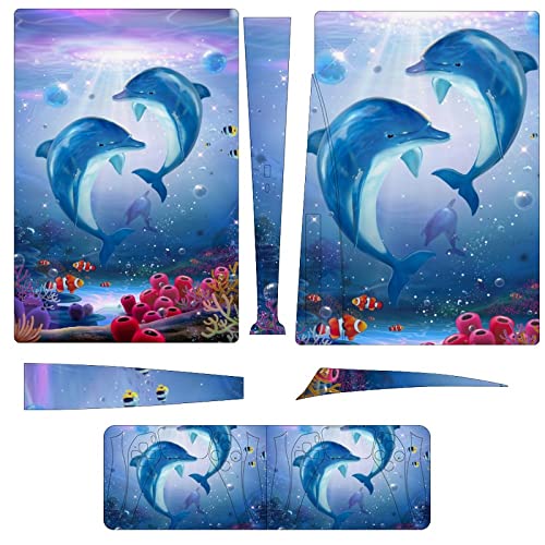 Dolphin Family in Colorful Tropical Ocean Full Protective Skin Cover Design Wrap Decal Sticker Compatible with PS5 Disk Version Console and Controller