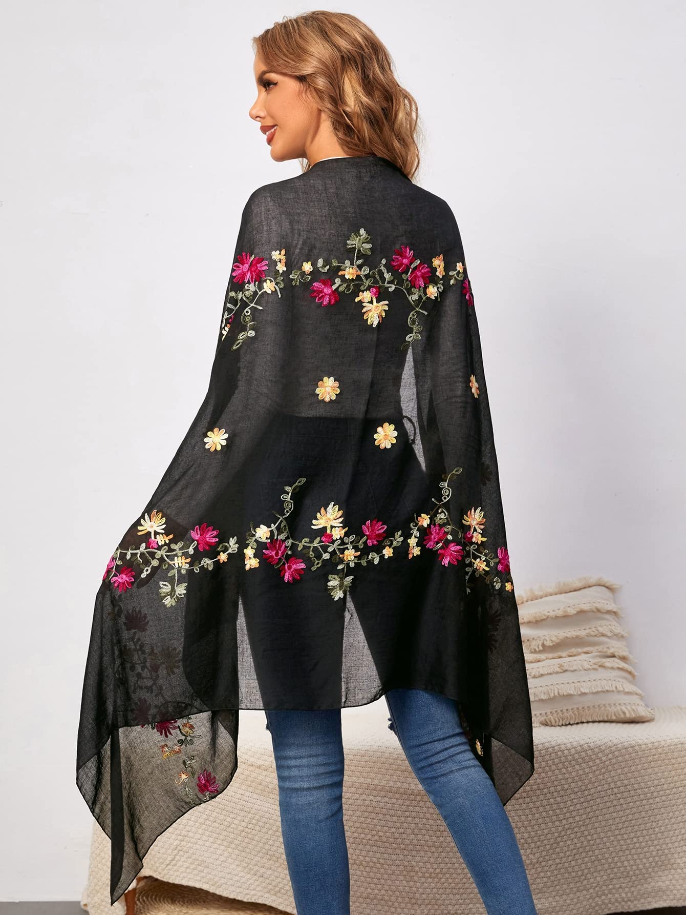 Floerns Women's Floral Embroidery Scarves Scarf Shawl Sunscreen Shawl Wrap Mint Green Leaf One Size