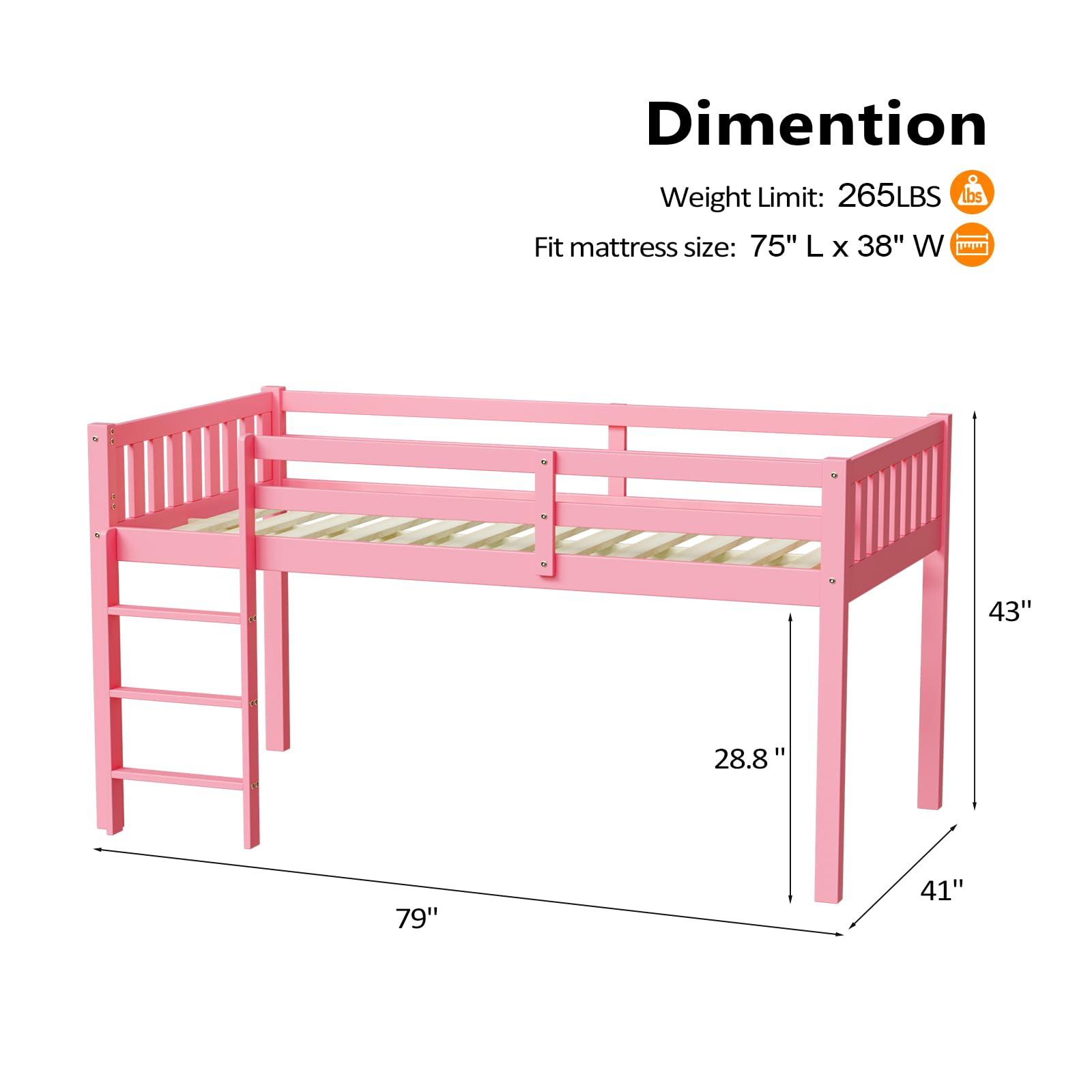 JOYMOR Low Loft Bed Twin Size with Stairs, Wooden Toddler Loft Bed for Kids, Junior,Young Teens,Pine Wood Twin Bed Frame, Space-Saving Design, No Box Spring Needed, Pink
