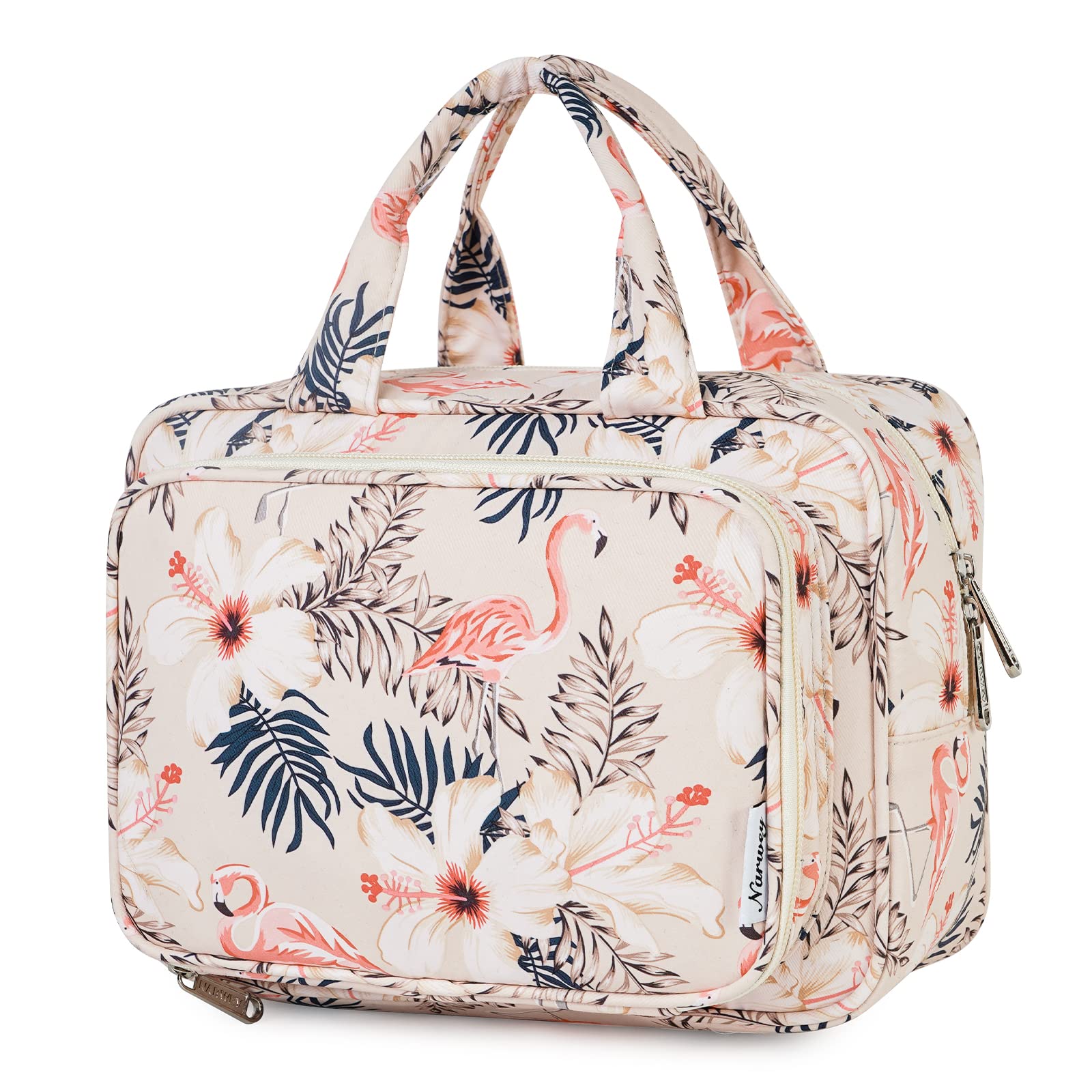 Narwey Full Size Toiletry Bag Women Large Makeup Bag Organizer Travel Cosmetic Bag for Essentials accessories (Beige Bird)