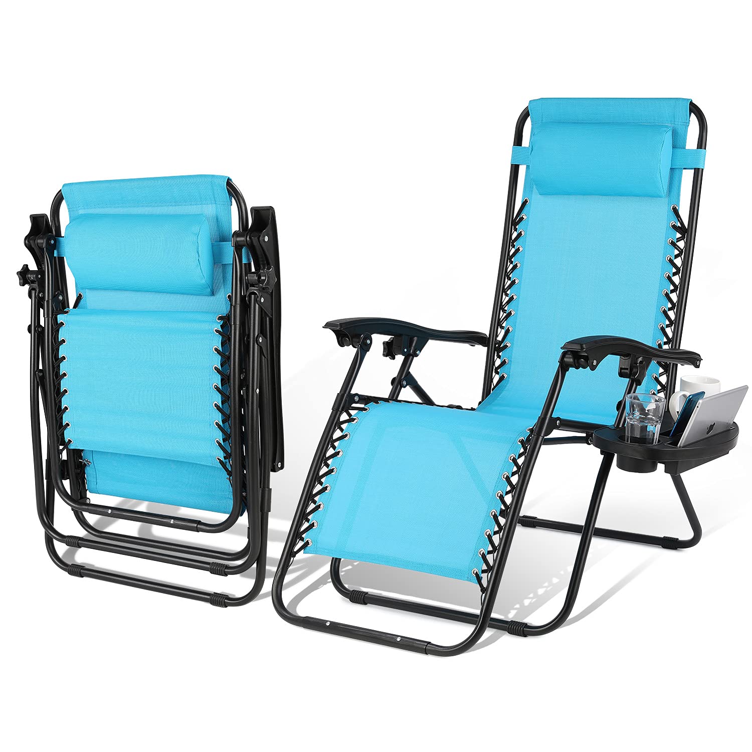OKVAC Zero Gravity Chair Set of 2 with Side Table, Adjustable Foldable Patio Lounge Recliner w/Pillow&Cup Holder, for in/Outdoor, Poolside, Garden, Camping, Lawn, Yard, Beach, 310LBS Capacity