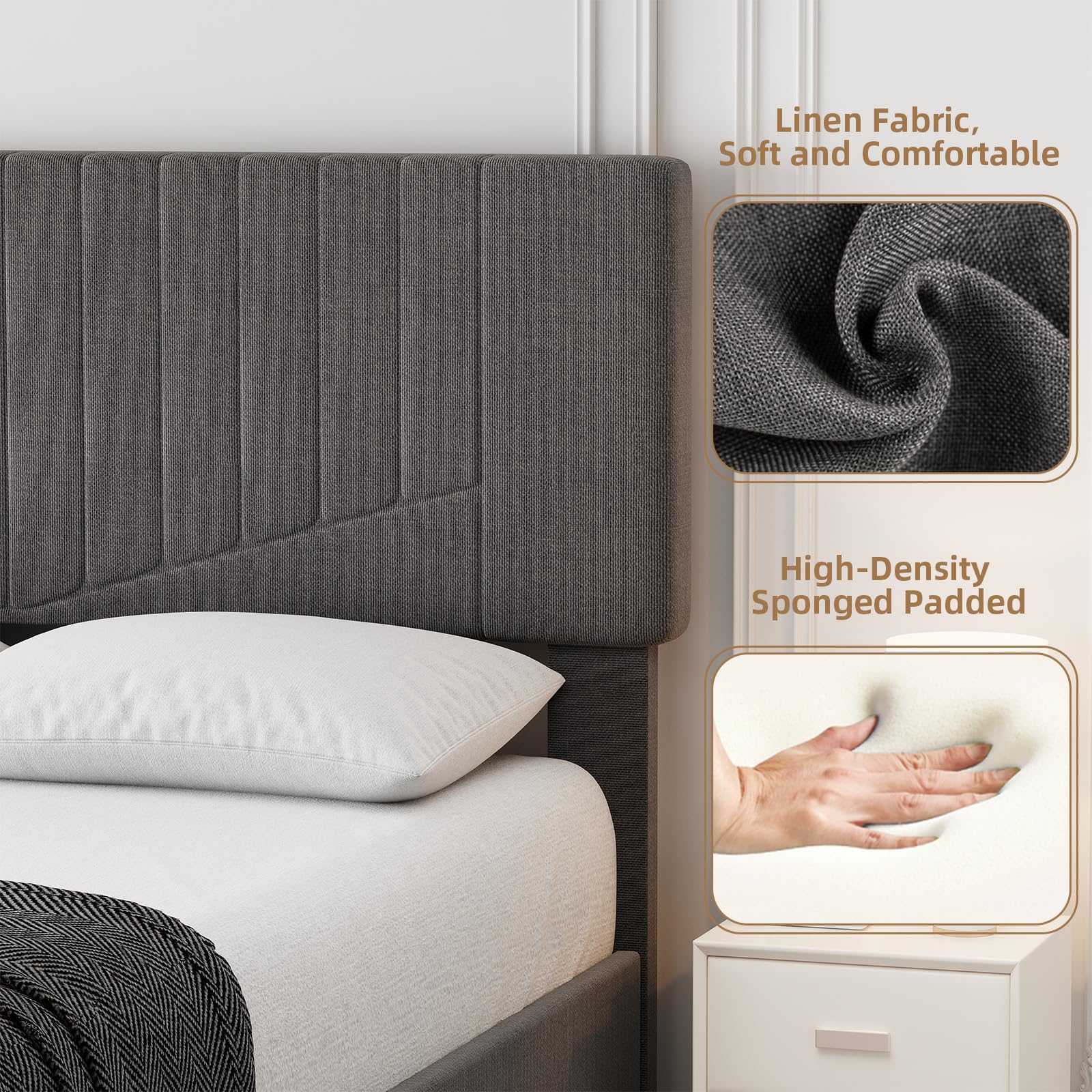 GarveeHome Grey Queen Bed Frame Upholstered Platform with Adjustable Headboard, Adjustable Modern Vertical and Diagonal Striped Headboard, Mattress Foundation, Easy to Assemble