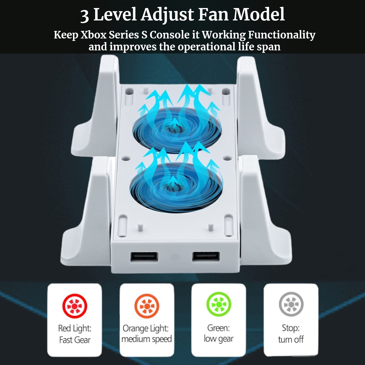 Cooling Fan Stand for Xbox Series S Console, arVin Vertical Stand Dual Purpose Cooling Dock with 2 Fast Cooler System, 3 Level Adjustable Speed, 2 Extra USB Ports, 2 Non-Slip Holder & LED Indicator
