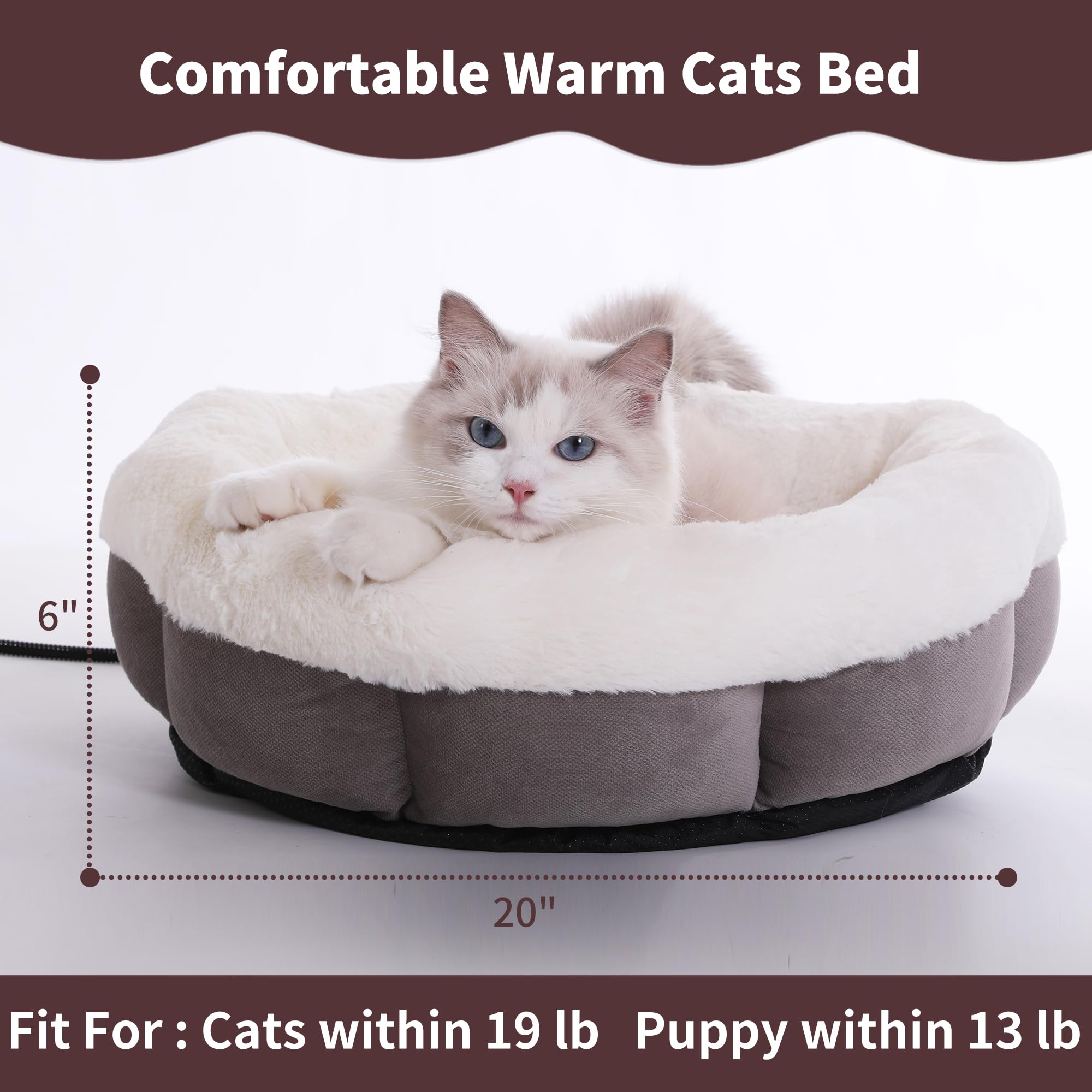 Heated Cats Bed for Kitty and Puppy,Pets Heating Pad, Heated Pets Bed with Thermostat, Washable Indoor Use Heated Cats Bed, Fluffy Warm Cats Heated Bed in Winter(20 Inches)