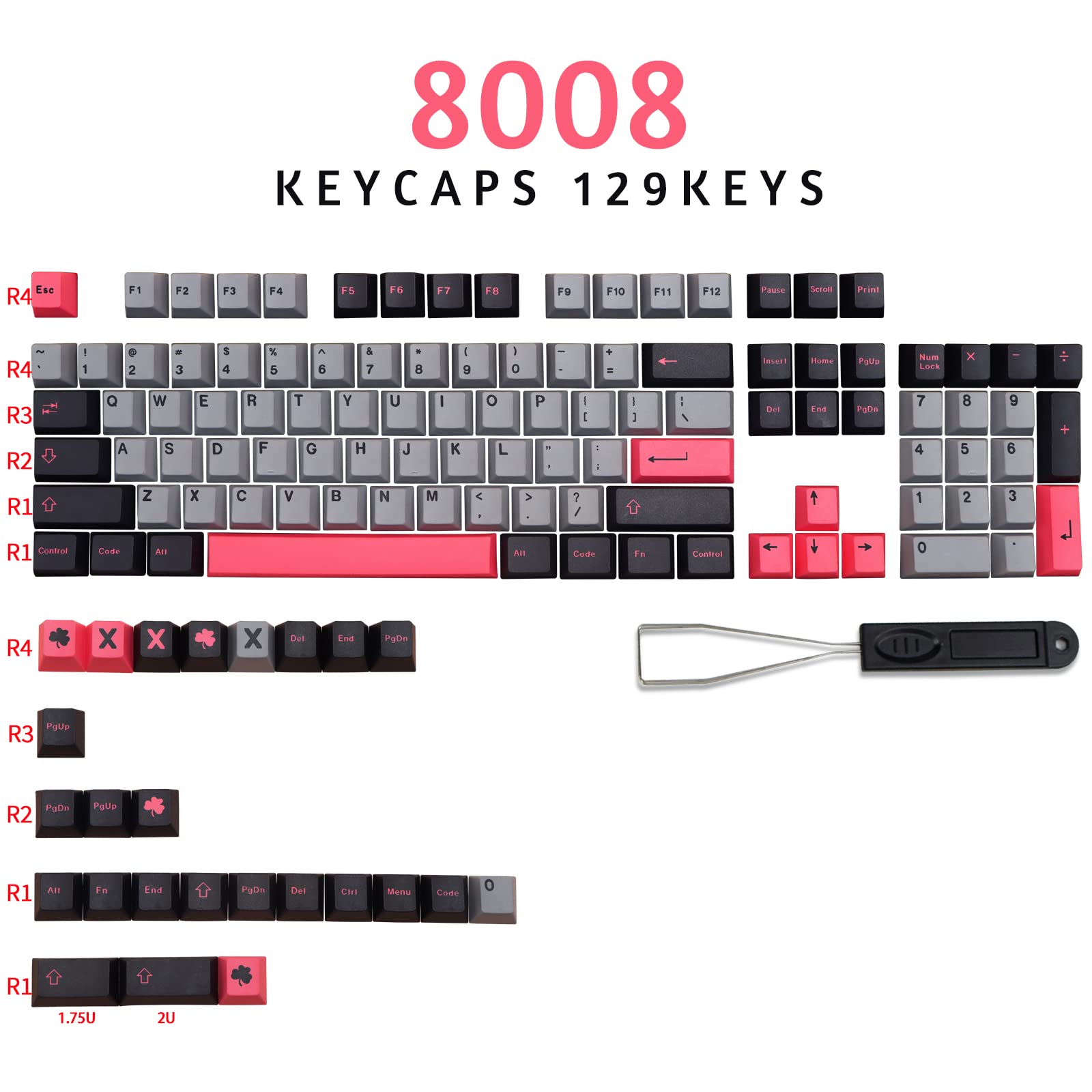 PBT GMK 8008 Keycaps, 129 Set MOLGRIA Keycaps 8008 for Gaming Keyboard, Cherry Profile Dye Sublimation Keycaps Gray and Pink with Keycap Puller for Gateron Kailh Cherry MX 104/87/74/61 60 Keyboard