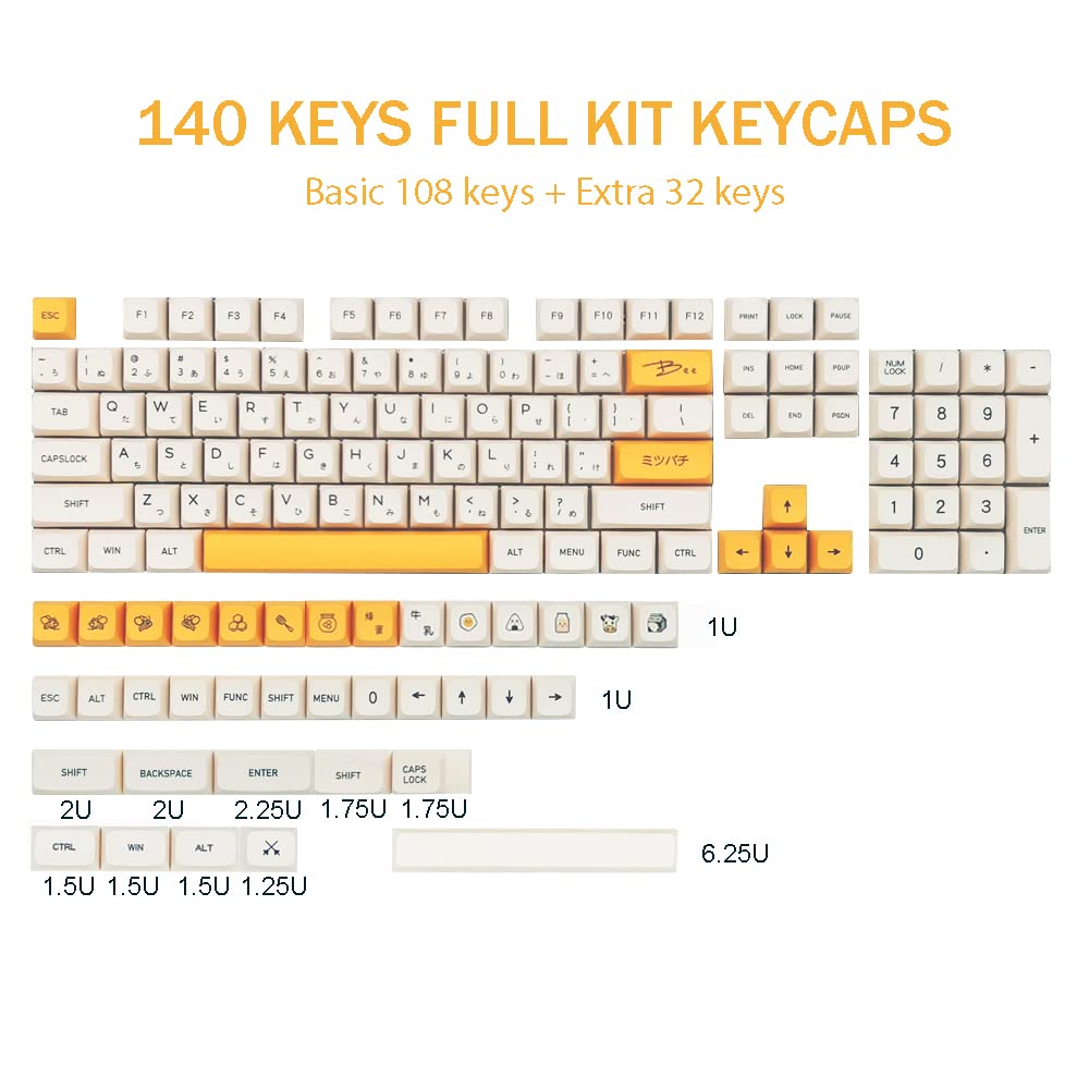 PBT Keycaps 140 Keys XDA Profile Keycaps Dye-Sublimation Japanese Honey Milk Keycap,ANSI Layout Keycap Suitable for Mechanical Gaming Keyboard Gateron Kailh Cherry MX Switches (Keycaps only)