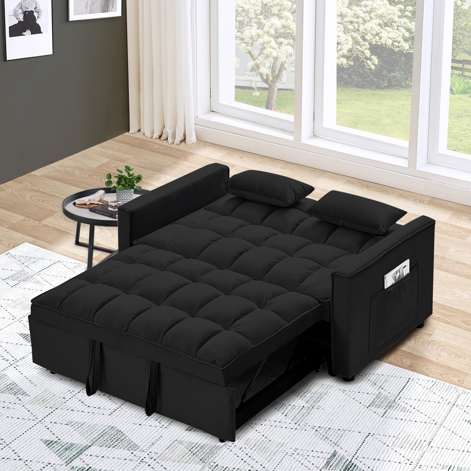 GarveeHome Modern 3-in-1 Velvet Loveseat Futon Couch Pull-Out Bed, Sofa Bed Couch Convertible Sleeper Sofa Bed with Adjustable Backrest, Storage Pockets with 2 Pillows for Living Room Bedroom, Black