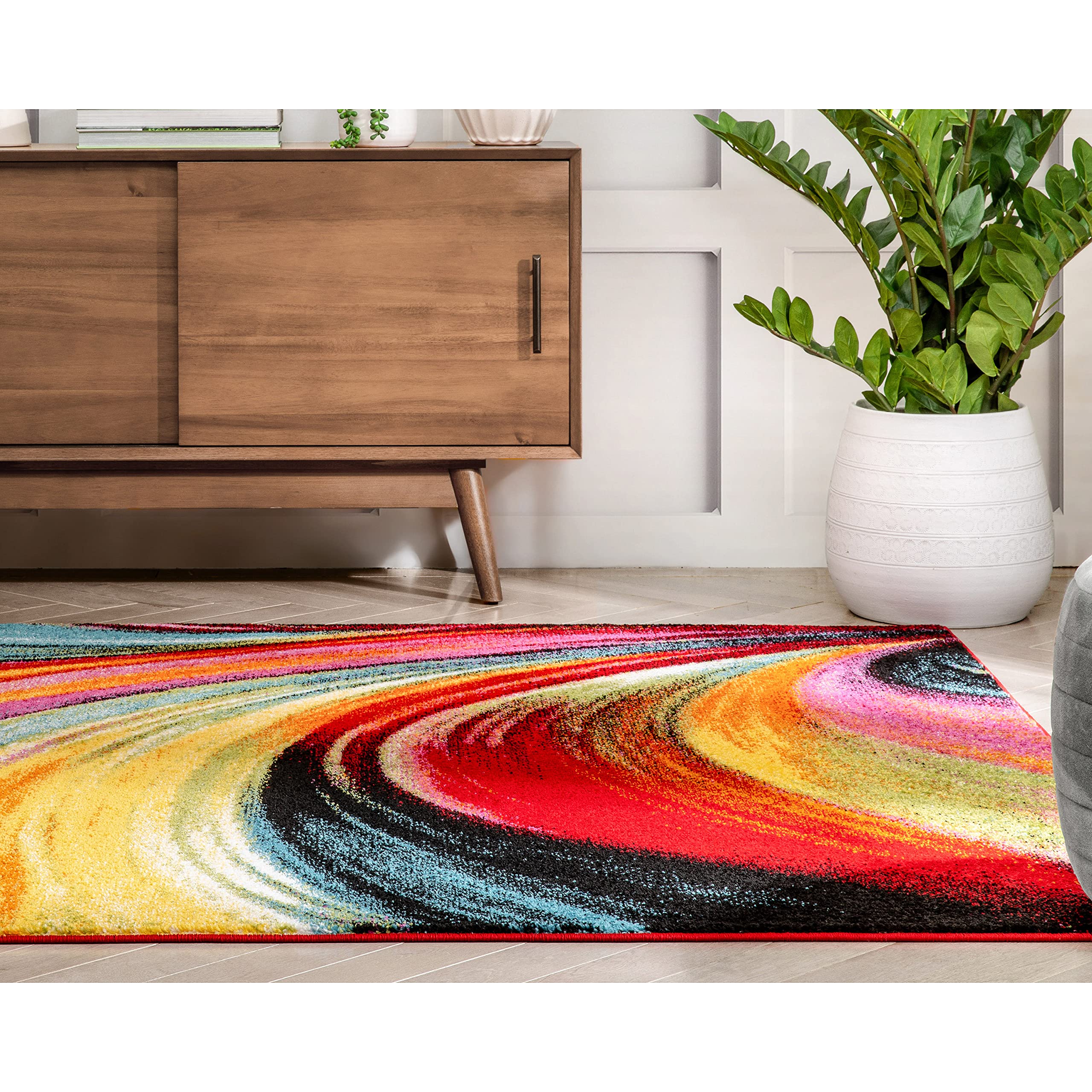 Treehouse Bohemian Patchwork Multi Pink Red Yellow Blue Orange Green Black Oriental Damask (5'3" x 7'3") Area Rug Thick Soft Plush Shed Free Easy Clean Stain Resistant