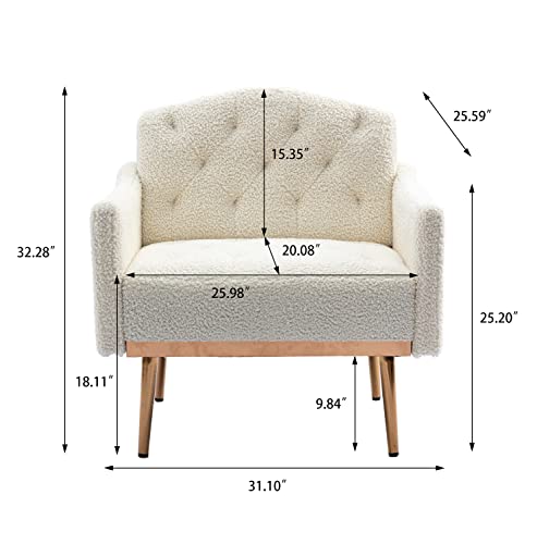 KINFFICT Modern Accent Chair, Upholstered Single Sofa Arm Chair for Living Room and Bedroom, Comfy Armchair with Solid Tapered Metal Legs, White