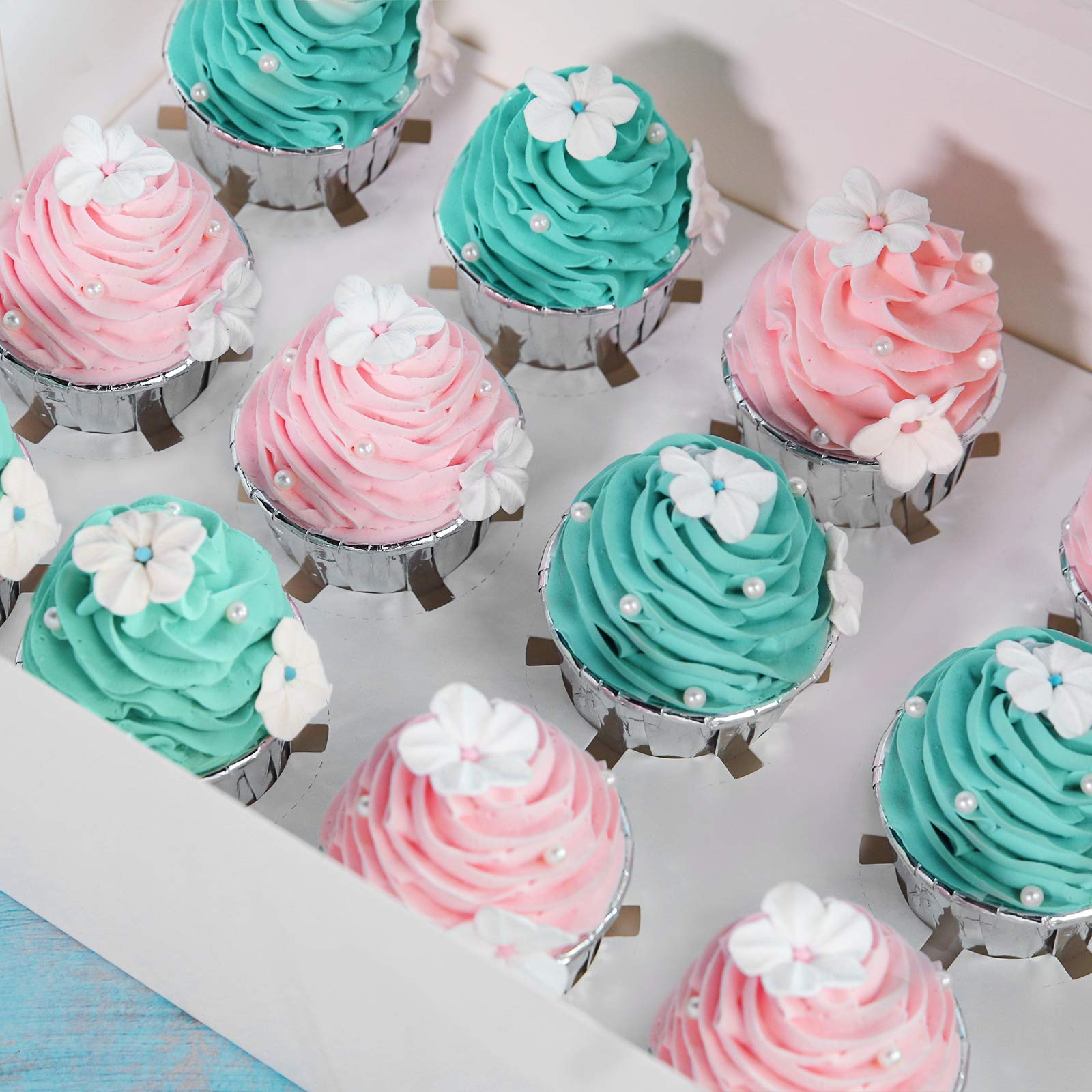 ONE MORE 15-Pack White Cupcake Boxes 12 Holders Cake Carrier Food Grade Pop-up Bakery Boxes 13.8 x 9.5 x 4inch with Inserts and PVC Windows Fits 12 Cavity Cupcake Pack of 15