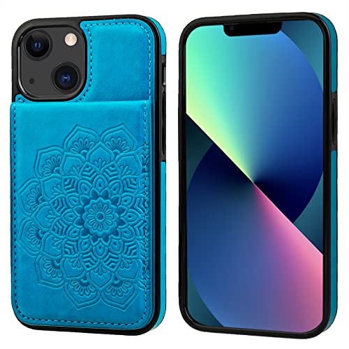 Vaburs Wallet Case for iPhone 13, Kickstand Case with Credit Card Holder, Embossed Mandala Floral PatternĀ Premium PU Leather Magnetic Closure Shockproof Protective Flip Cover 6.1" (Blue)
