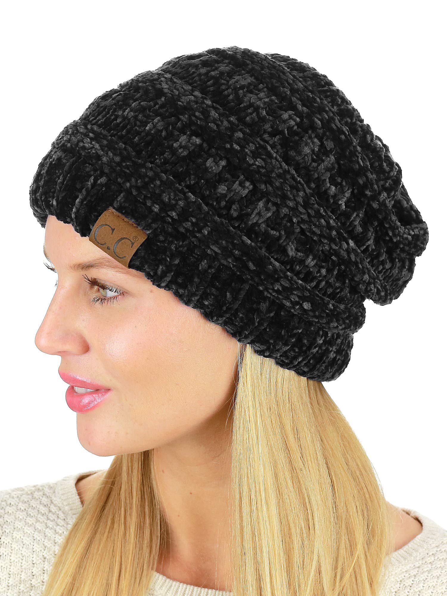 C.C Women's Chenille Soft Warm Thick Knit Beanie Cap Hat-Black