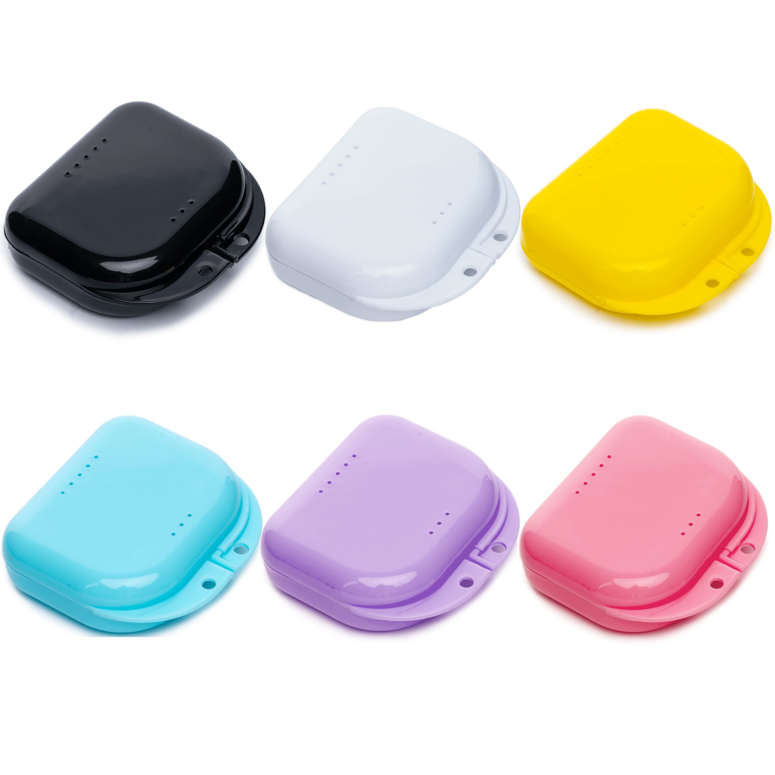 Retainer Case with Vent Holes, 6 Pcs Denture Case, Tight Snap Lock Orthodontic Mouth Guard Case, Black, White, Yellow, Light Purple, Pink and Blue, Easy to Use