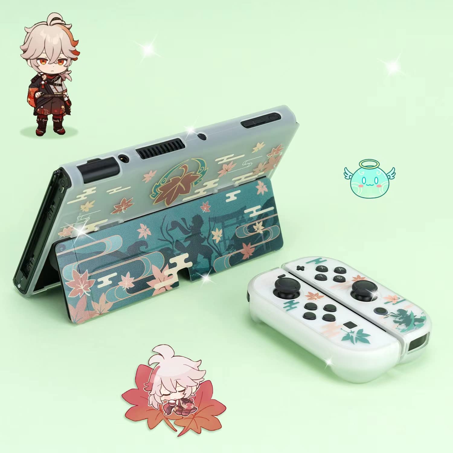 Eamily Cute Genshin Impact Kaedehara Kazuha Case Compatible with Nintendo Switch OLED, Dockable Case Cover, Ergonomic Soft TPU Grip Case for Joycon, Sparkle Skin Set