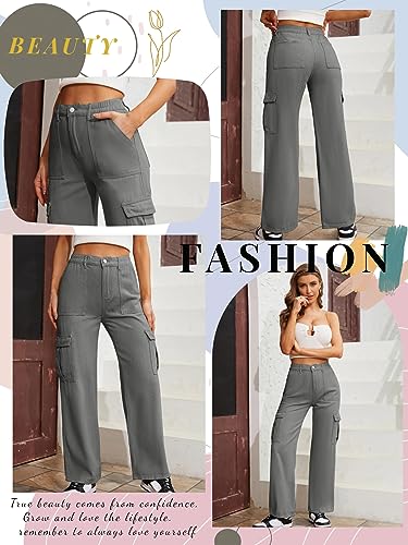 QYANGG High Waist Cargo Pants Women Stretch Baggy Cargo Pants Women Multiple Pockets Relaxed Fit Straight Wide Leg Y2K Pants Grey