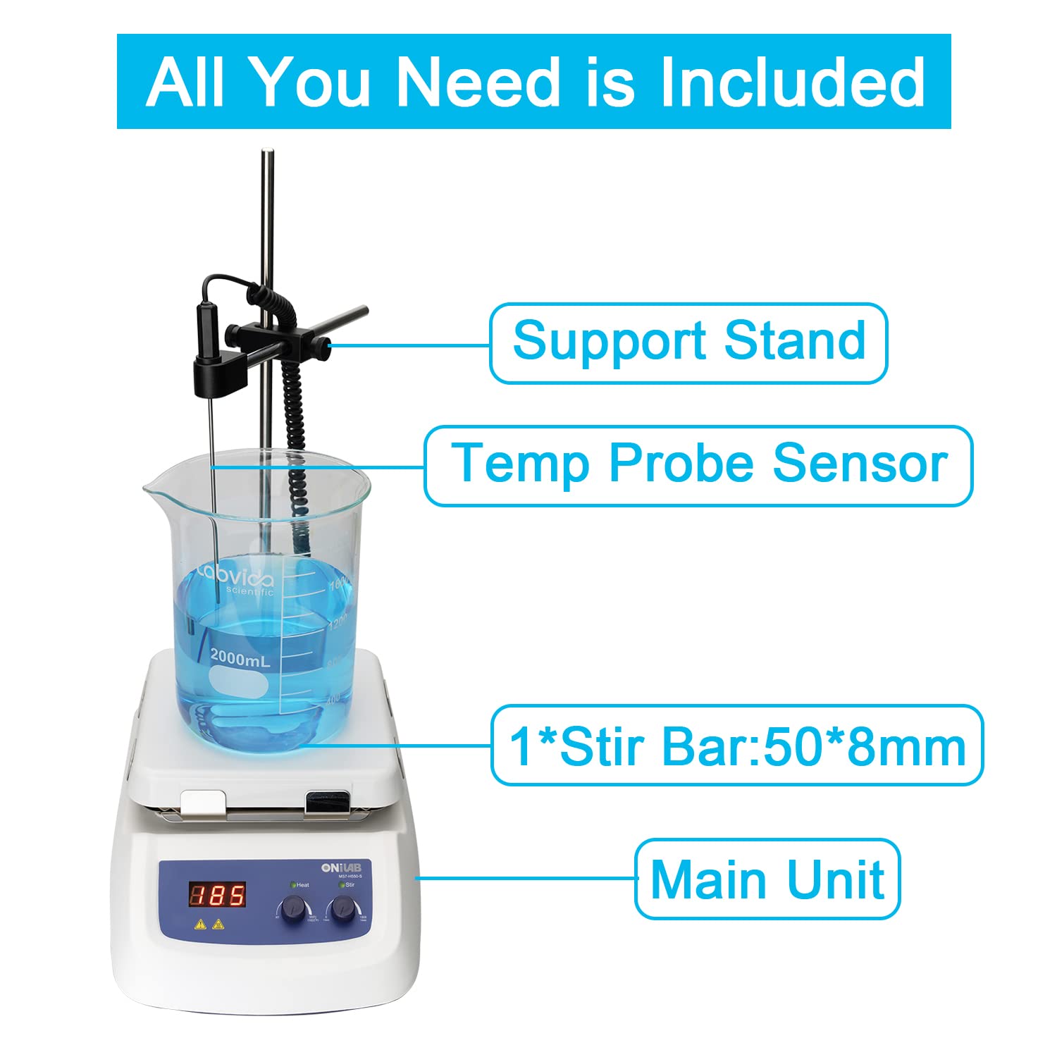 ONiLAB 8050122211 550C Magnetic Hotplate Stirrer Max Heating Temperature to 550℃ Speed 1500rpm, White, Glass Ceramic