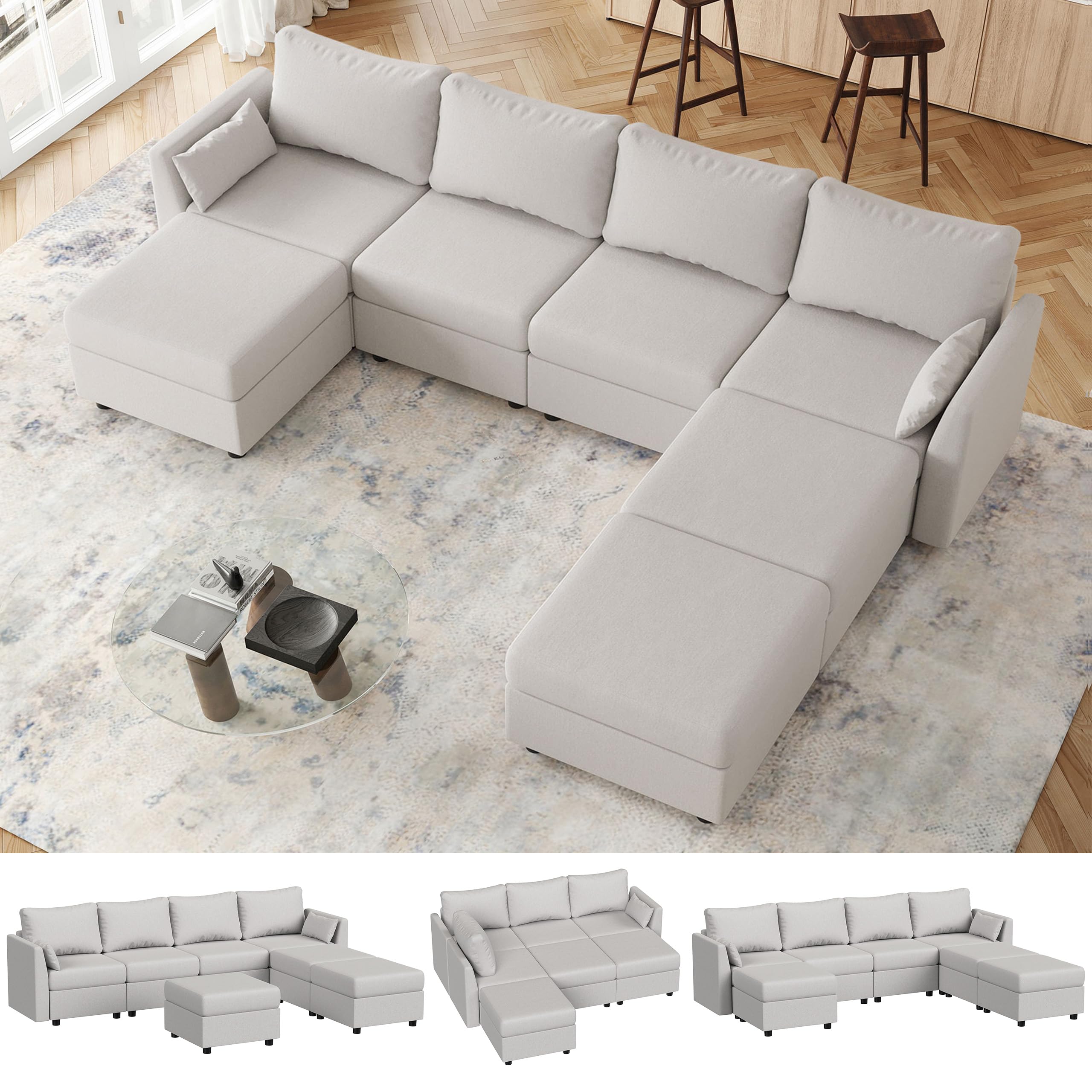 Mangodan Modular Sectional Sofa with Storage, Convertible 7 Seat Sectional Couches for Living Room, U Shaped Sectional Sofa with Chaise, Comfy Sectional Sleeper Sofa, High Supportive Sponge-Beige